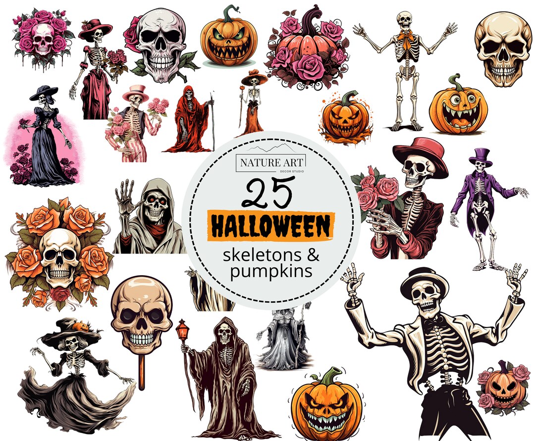 Retro Halloween Skeleton Image Bundle, 25pc Vintage Spooky Skull PNG ...