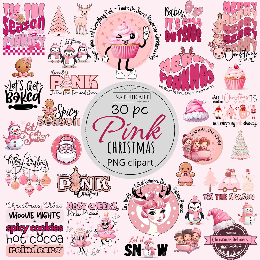 30pc Pink Retro Christmas PNG Bundle, Cute Santa Claus Digital Art ...