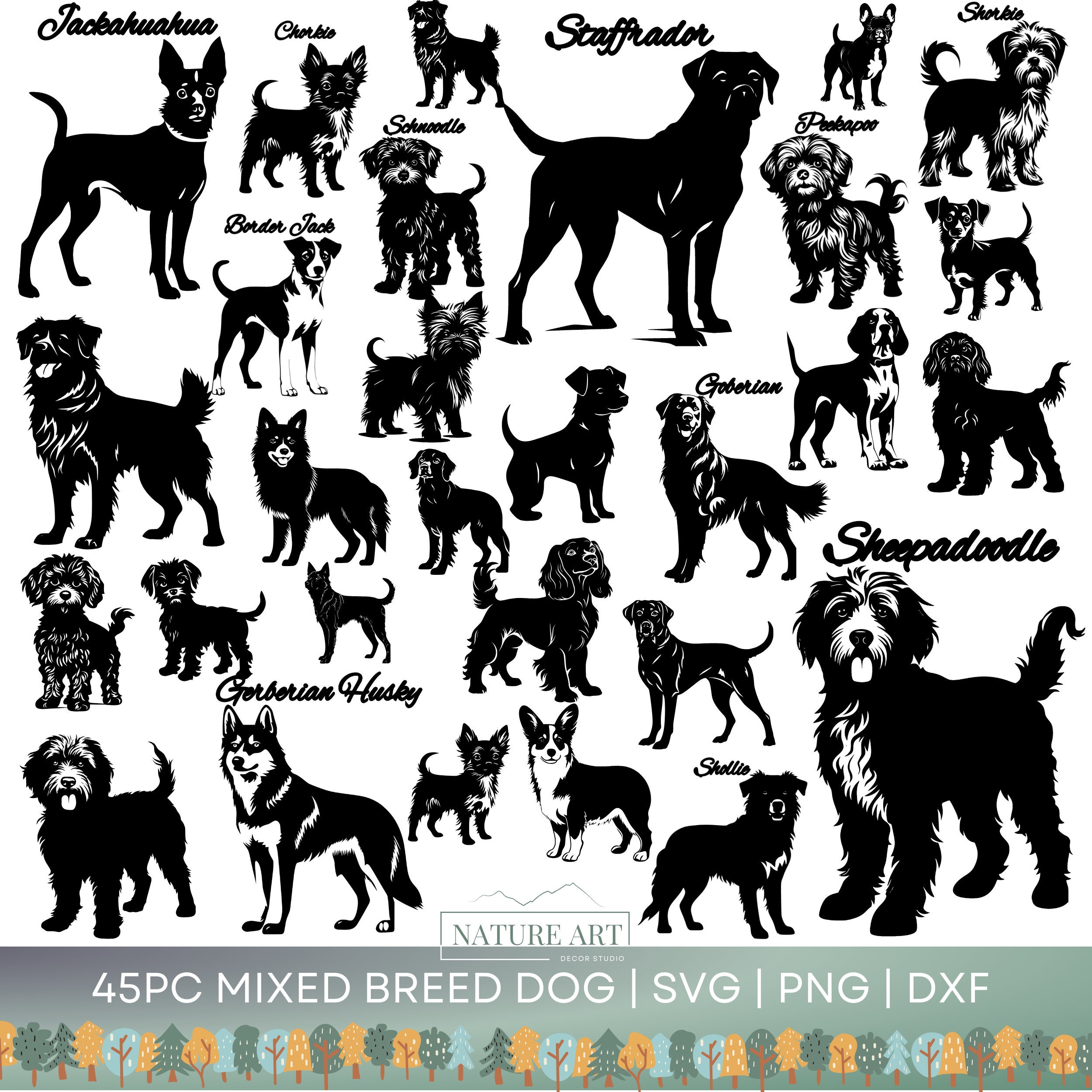 45pc gemengd ras hond silhouet SVG PNG DXF-bundel, hondenras EPS ...