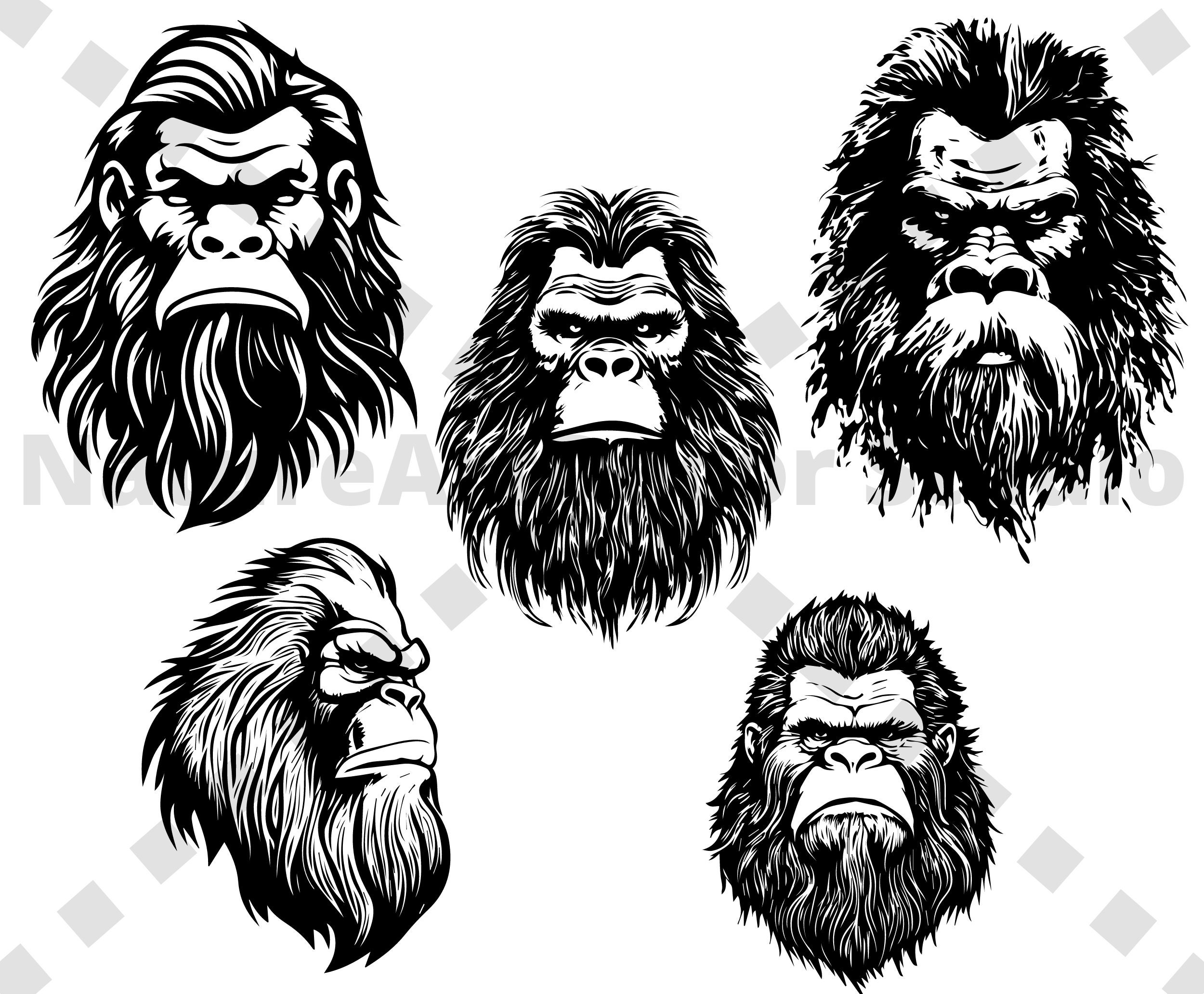 Bigfoot Faces Line Art Svg Bundle Sasquatch Yeti Head - Etsy