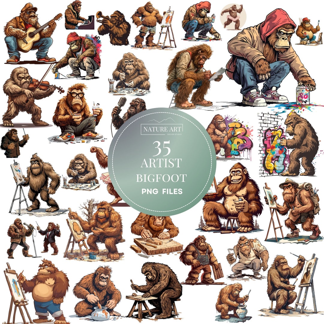 35pc Cartoon Artist Bigfoot PNG Bundle, Sasquatch Yeti Retro Clipart ...