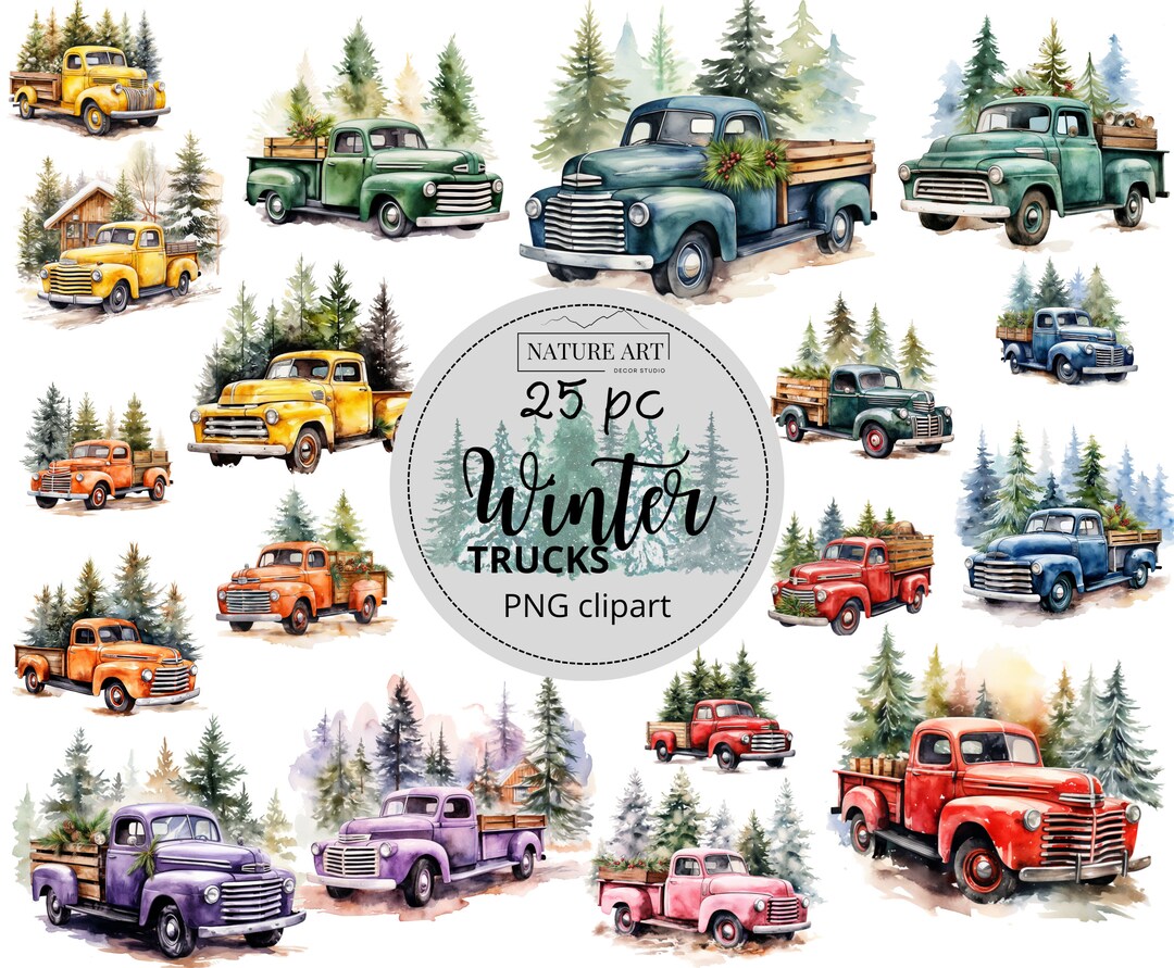 25pc Watercolor Winter Trucks PNG Bundle, Winter Pine Forest Allowed ...