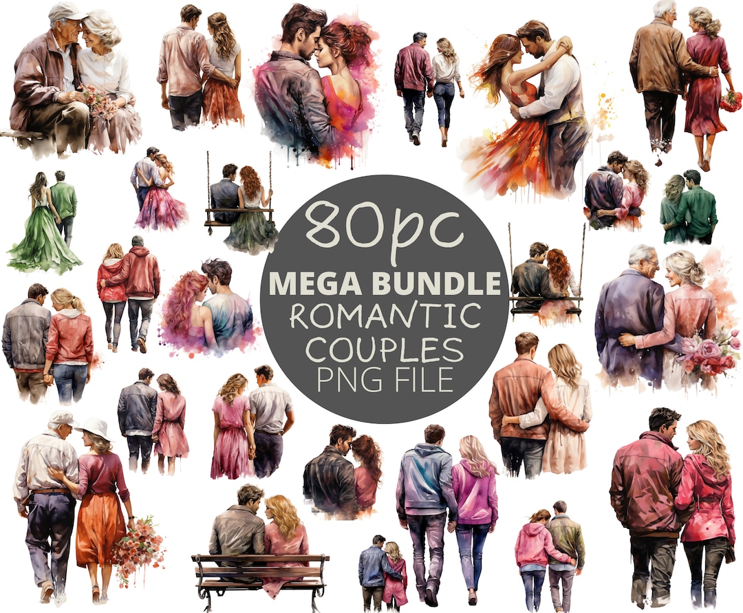 80pc Romantic Couples Mega Watercolor PNG Bundle, Love Clipart ...