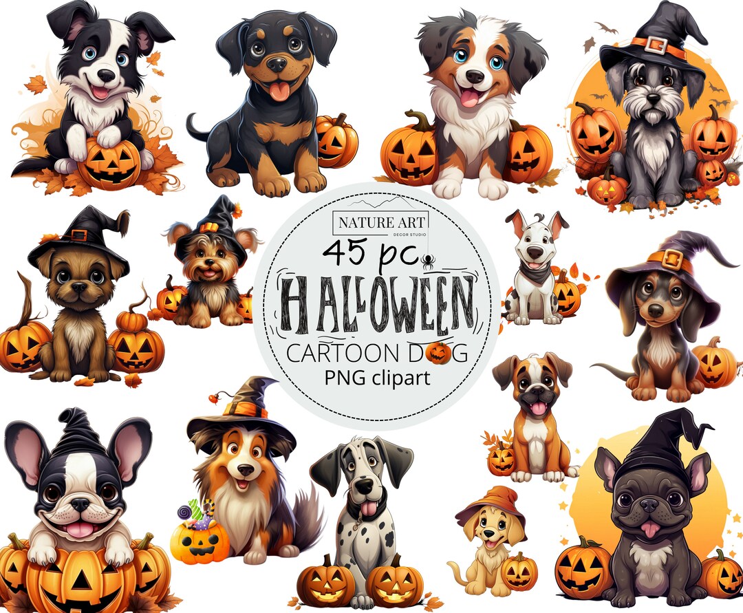 Cute Cartoon Dogs in Halloween Mood 45pc PNG Bundle, Cute Puppy Dog POD ...