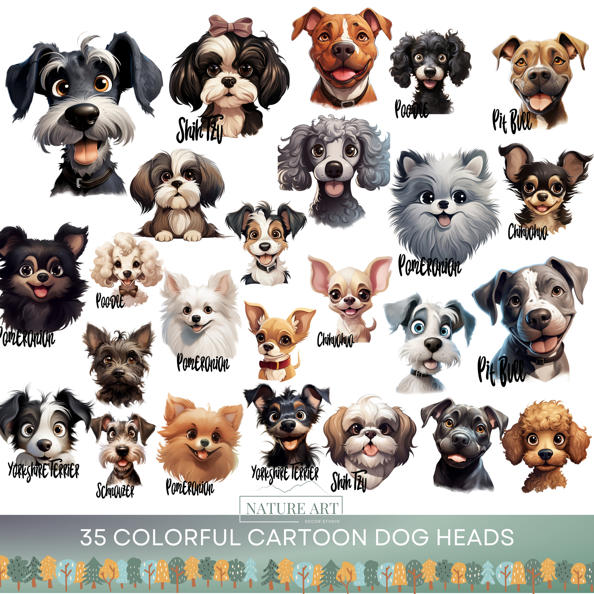 35pc Cartoon Dog Head PNG Bundle, Cute Puppy POD Allowed Digital Art ...