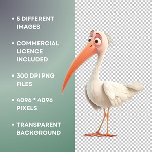 5pc Cartoon IBIS Bird Clipart PNG Bundle, Cute Ibis POD Allowed Digital ...