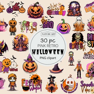 Retro Pink Halloween Image Bundle, 30pc Cute Spooky Ghost PNG Clipart ...