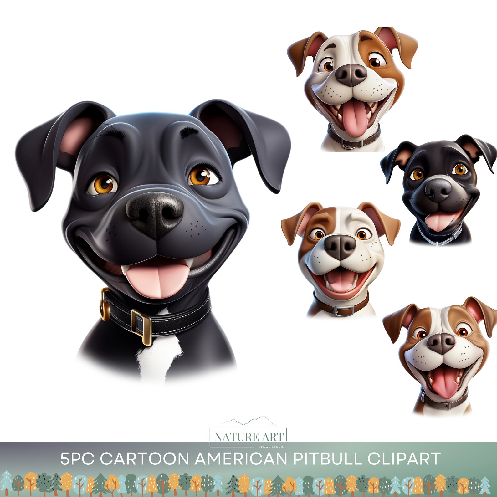5pc Cartoon American Pitbull Dog Head PNG Bundle, Puppy Portrait POD ...