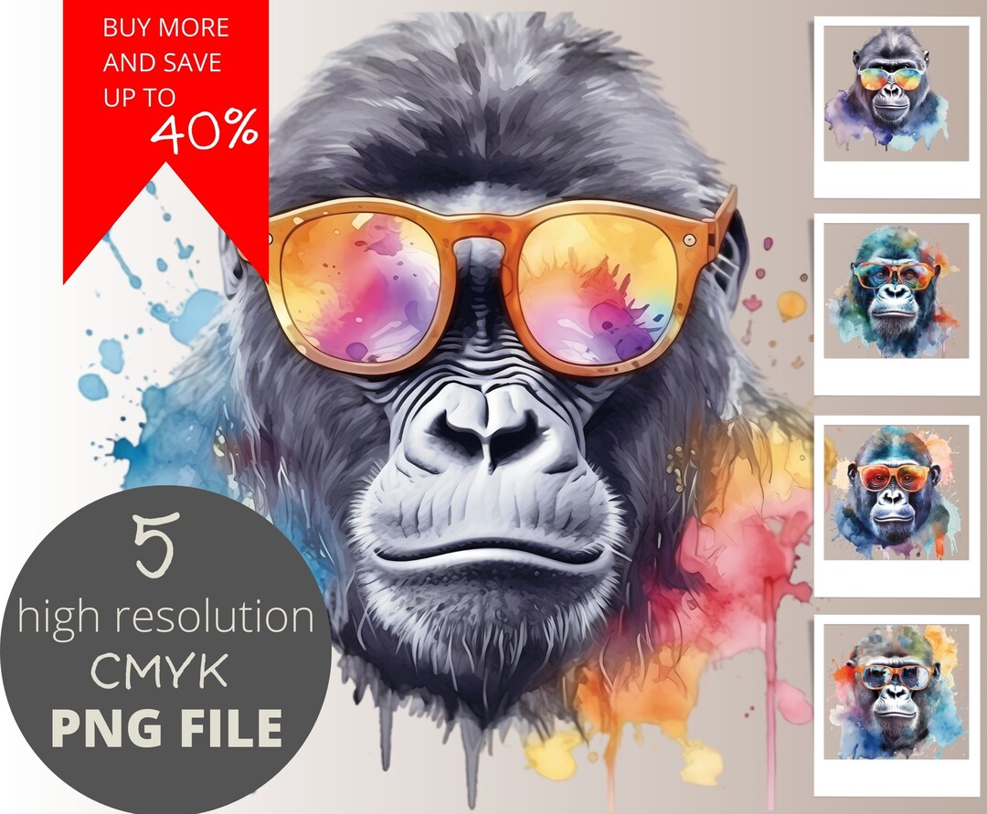 5 Gorilla Sunglasses Water Color Animal PNG Bundle, Forests Animal ...