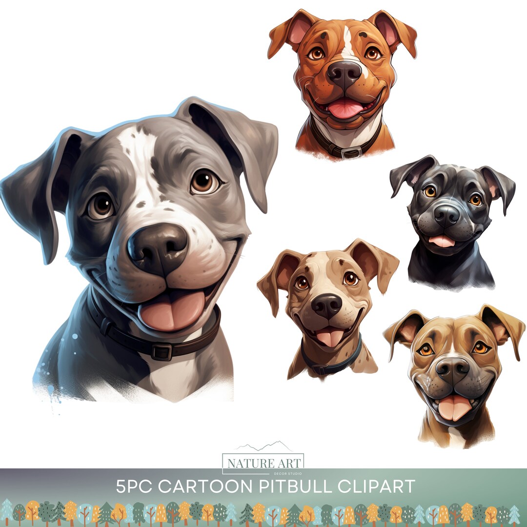 5pc Cartoon Pit Bull Head PNG Bundle, Cute Puppy POD Allowed Digital ...
