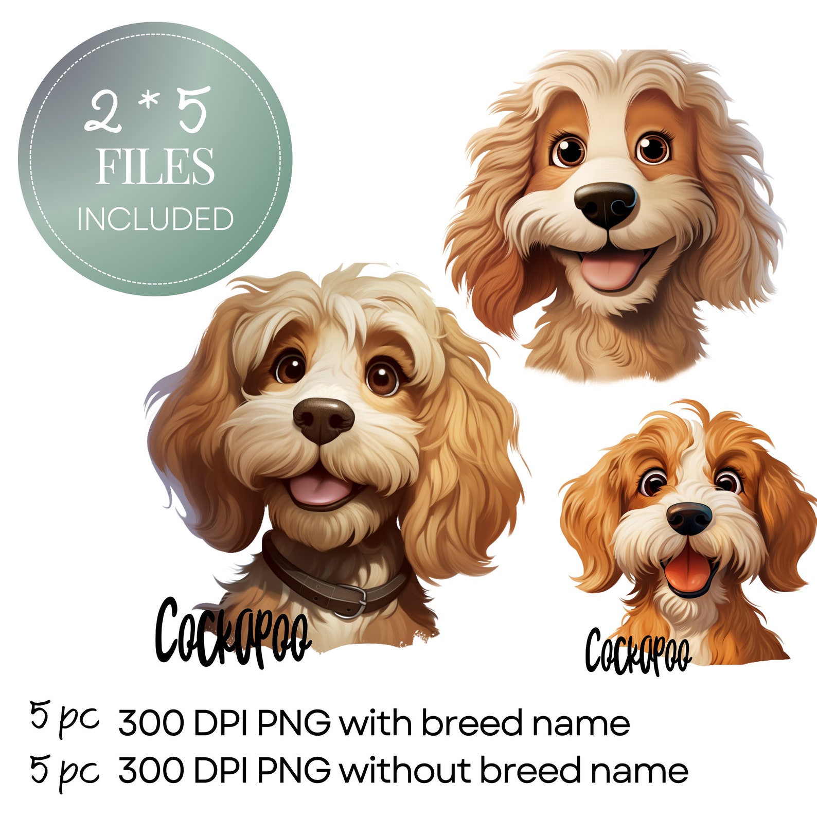 5pc Cartoon Cockapoo Dog Head PNG Bundle, Cute Puppy POD Allowed ...