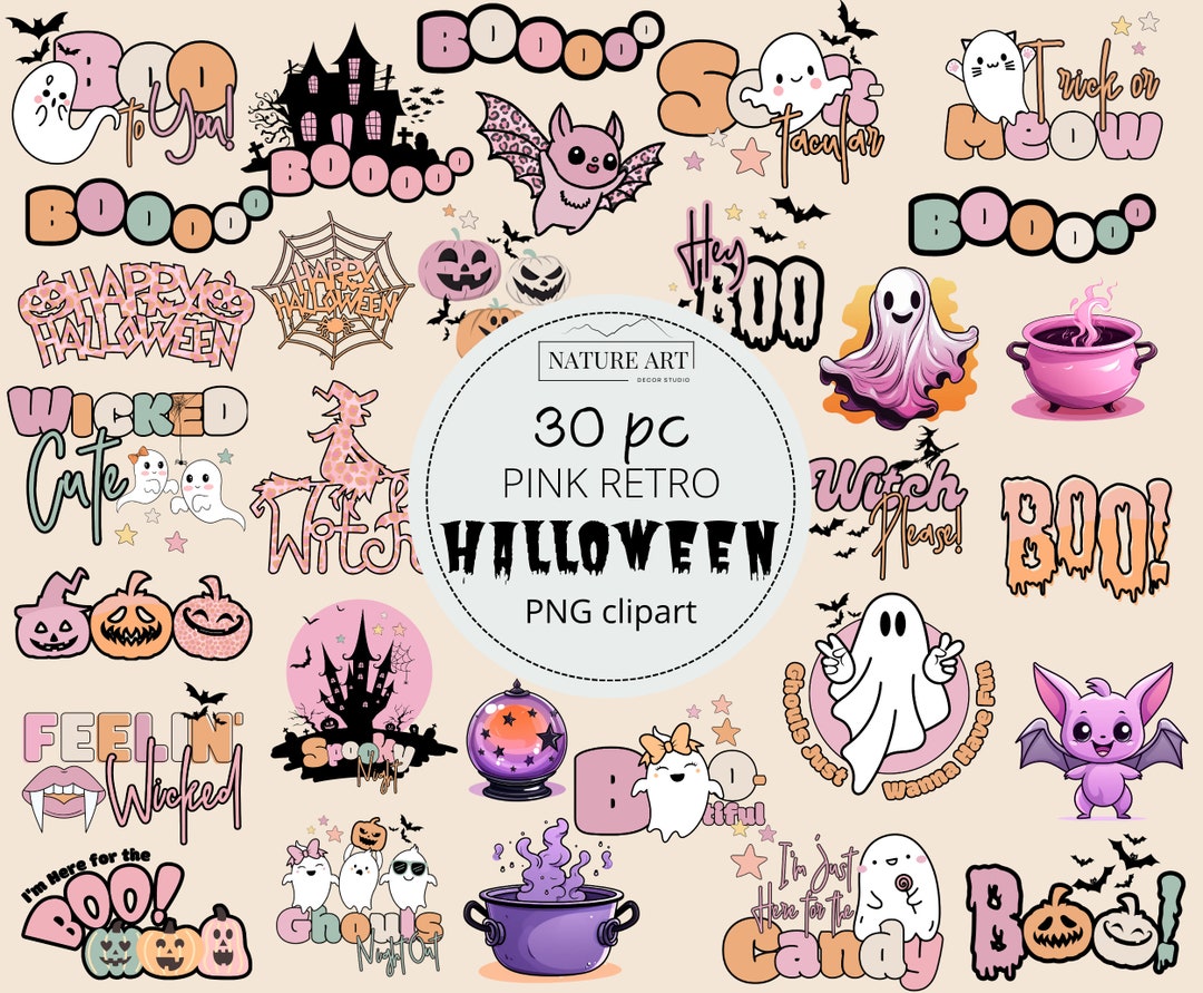 Retro Pink Halloween Image Bundle, 30pc Cute Spooky Ghost PNG Clipart ...