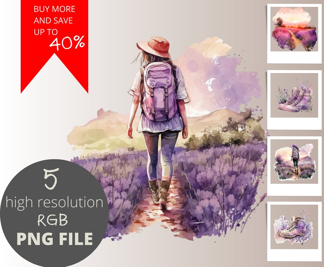 5pc Hiking Girl Watercolor PNG Bundle, Printable Lavender Field ...