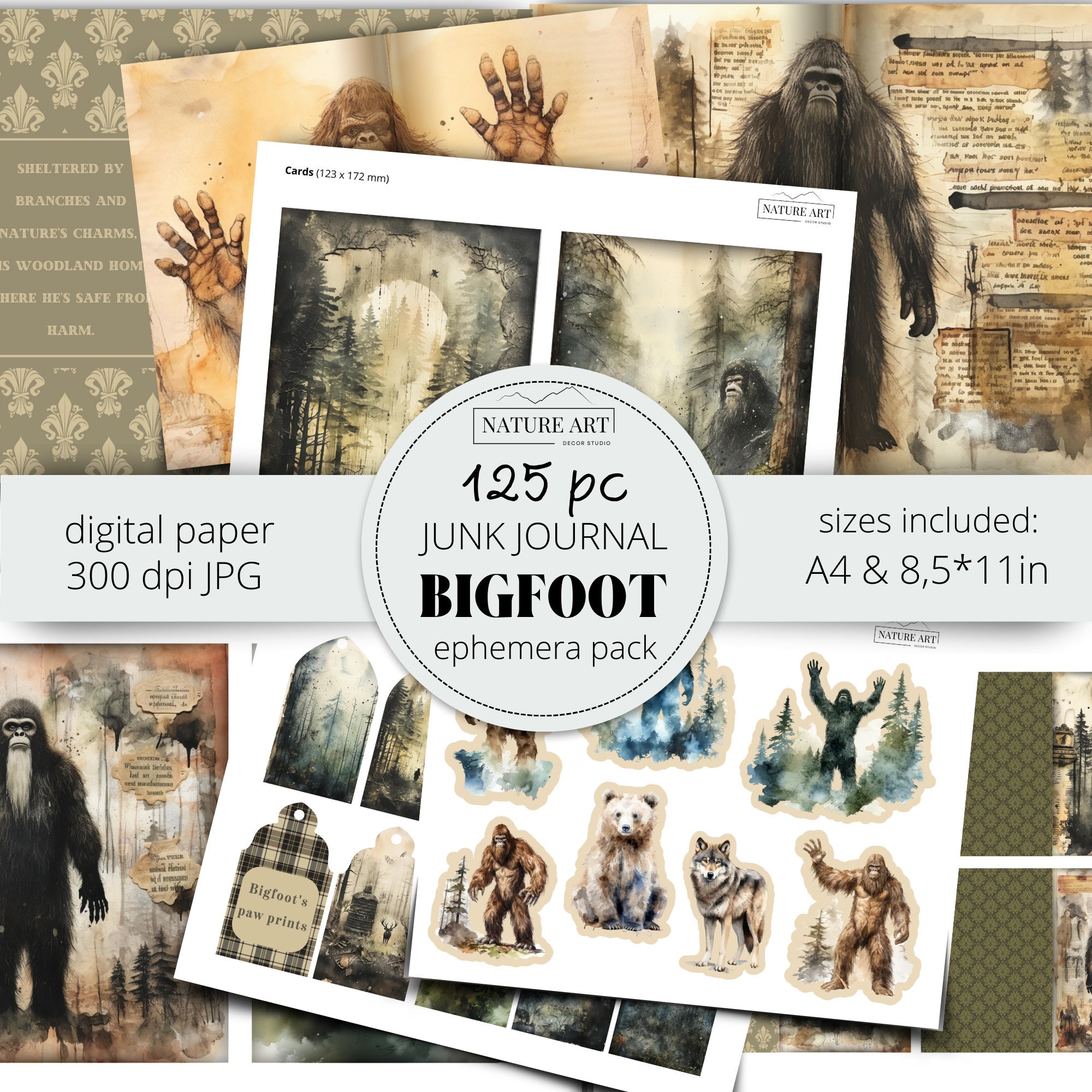 Bigfoot Vintage Junk Journal Kit, 40 Sasquatch Printable Scrapbooking ...