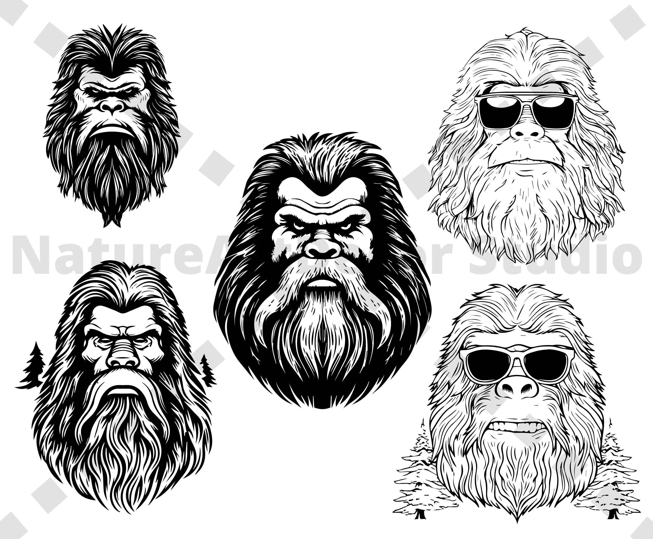 Bigfoot Faces Line Art Svg Bundle Sasquatch Yeti Head - Etsy