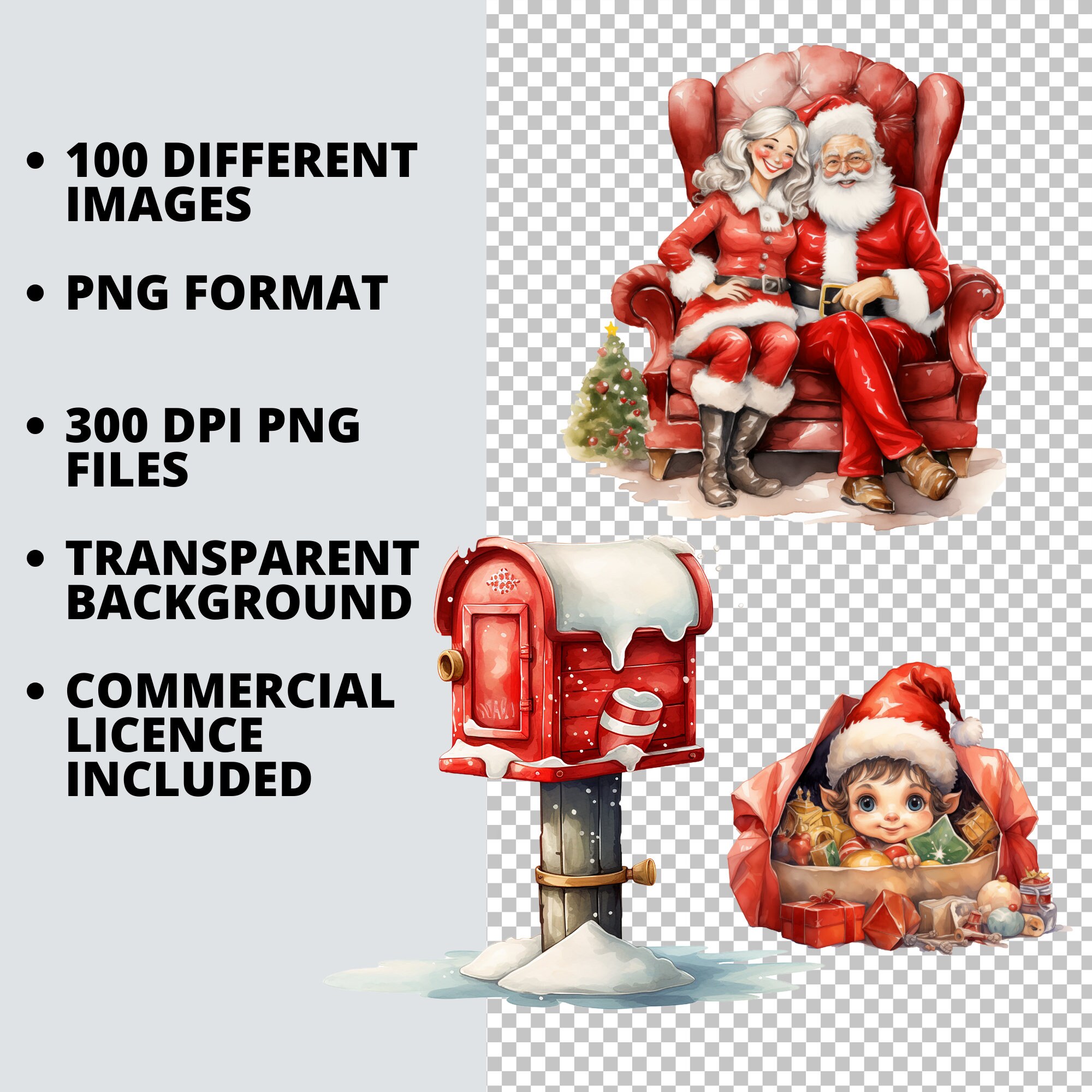 100pc North Pole Vintage Santa Watercolor PNG Clipart Bundle, Winter ...