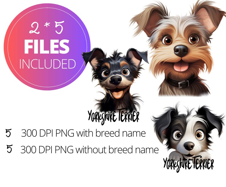 5pc Cartoon Yorkshire Terrier Head PNG Bundle Cute Puppy POD - Etsy