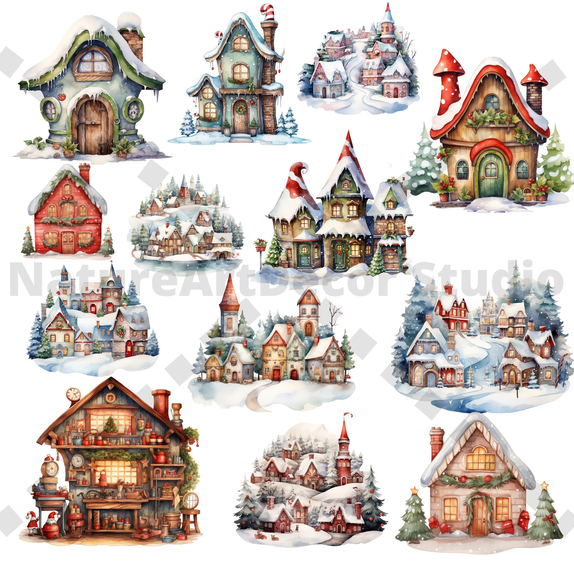 100pc North Pole Vintage Santa Watercolor PNG Clipart Bundle, Winter ...