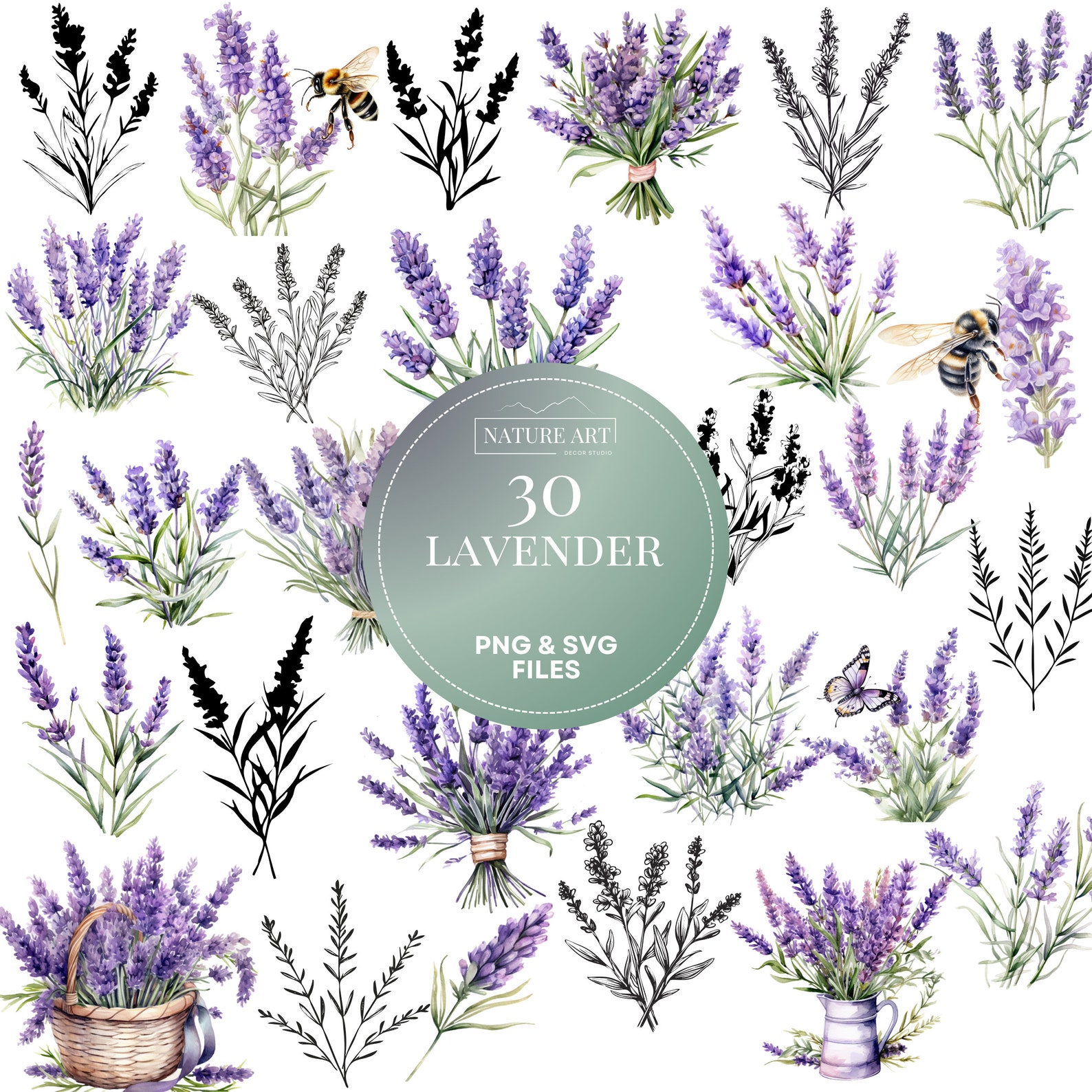 30pc Watercolor Lavender PNG Bundle, Water Color Floral Clipart ...