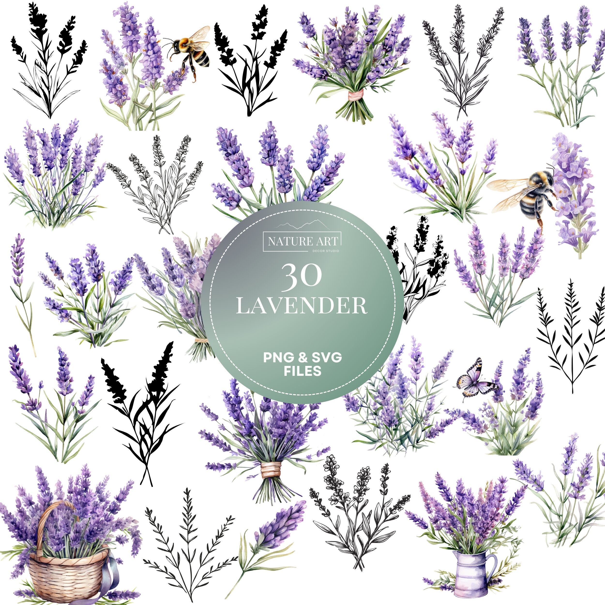 30pc Watercolor Lavender PNG Bundle, Water Color Floral Clipart ...