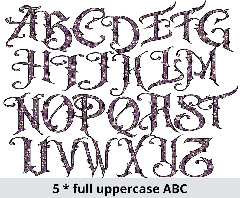 Halloween Doodle Alphabet Letters, 5 Full Spooky Gothic Alpha PNG ...