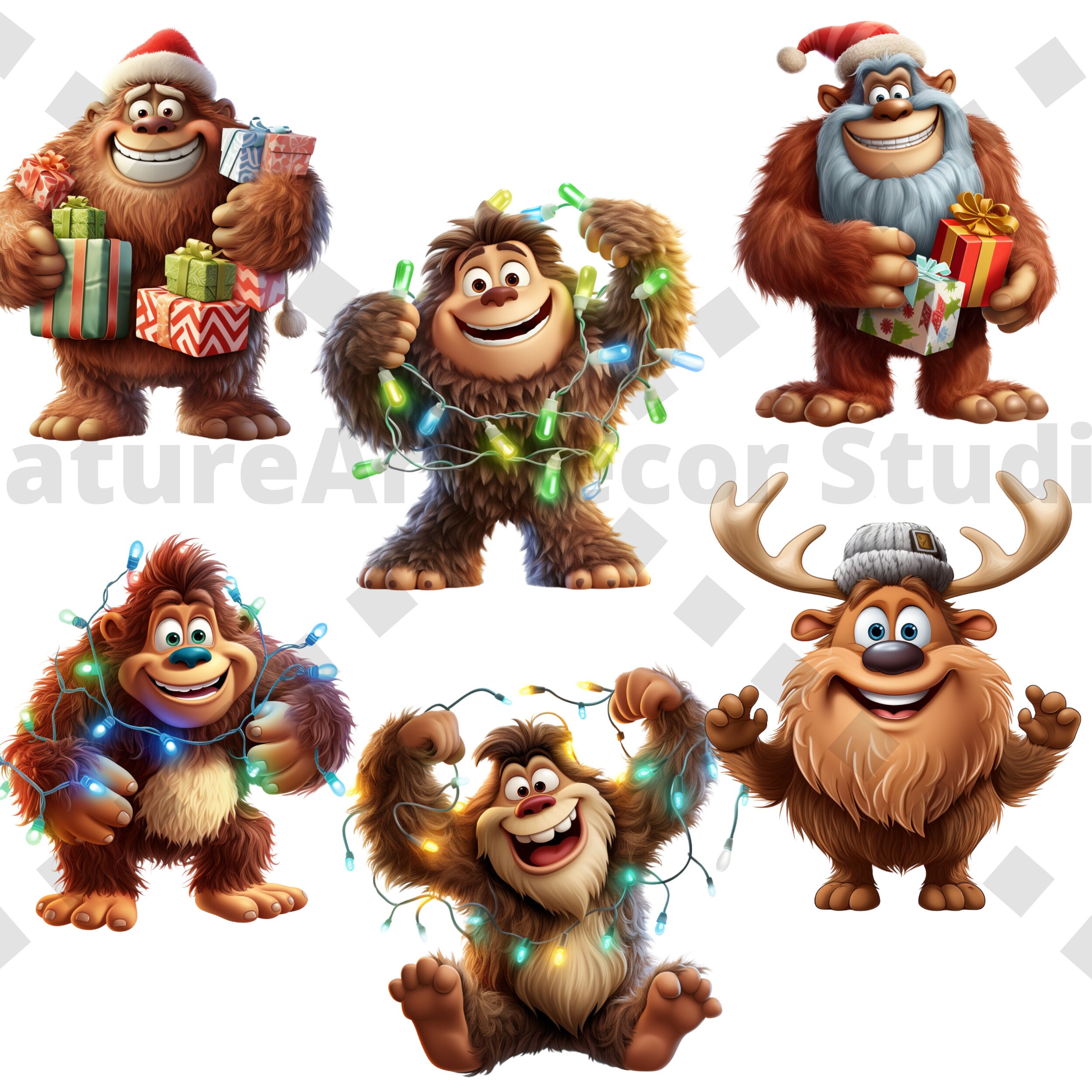 25pc Cartoon Bigfoot in Christmas Mood Watecolor PNG Bundle, Sasquatch ...