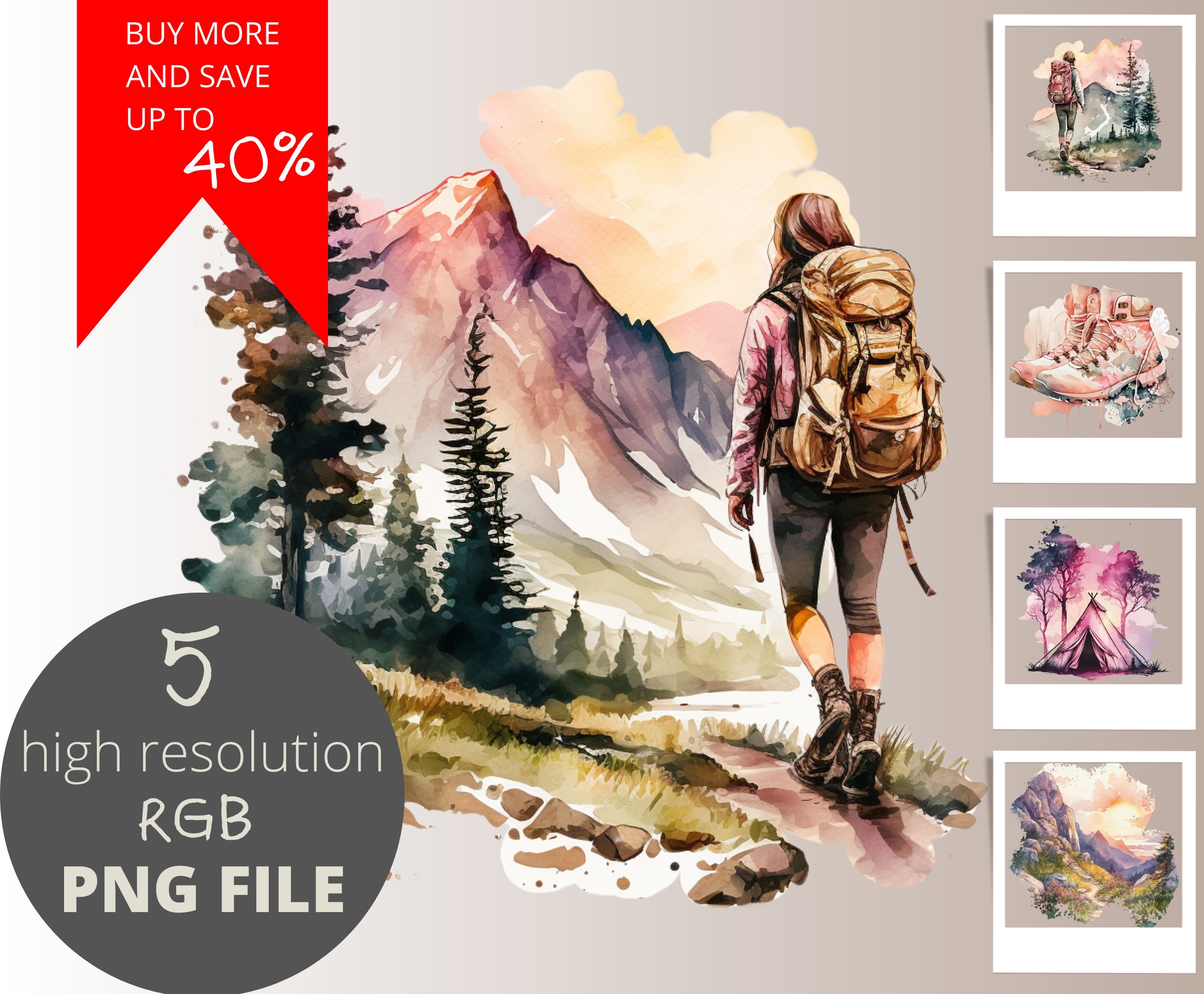 5pc Hiking Girl Watercolor PNG Bundle Printable Pink - Etsy