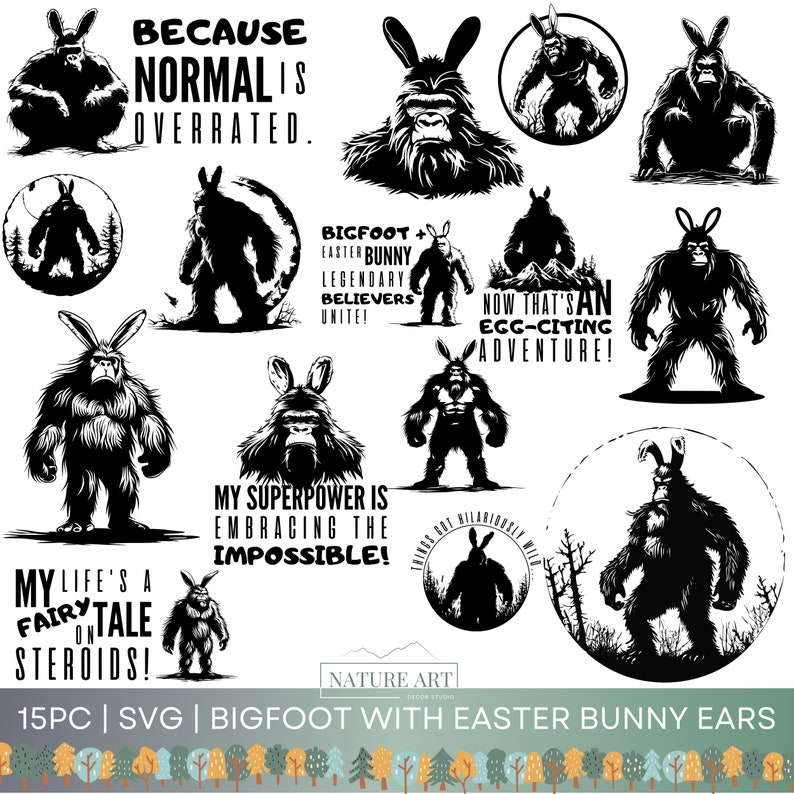 Easter Bunny Ears Bigfoot Silhouette 15pc SVG Bundle, Sasquatch Images ...