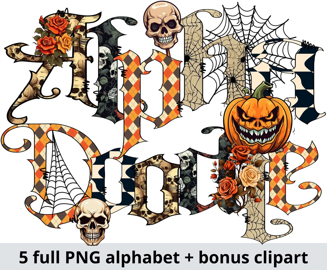 Halloween Doodle Alphabet Letters, 5 Full Spooky Gothic Alpha PNG ...