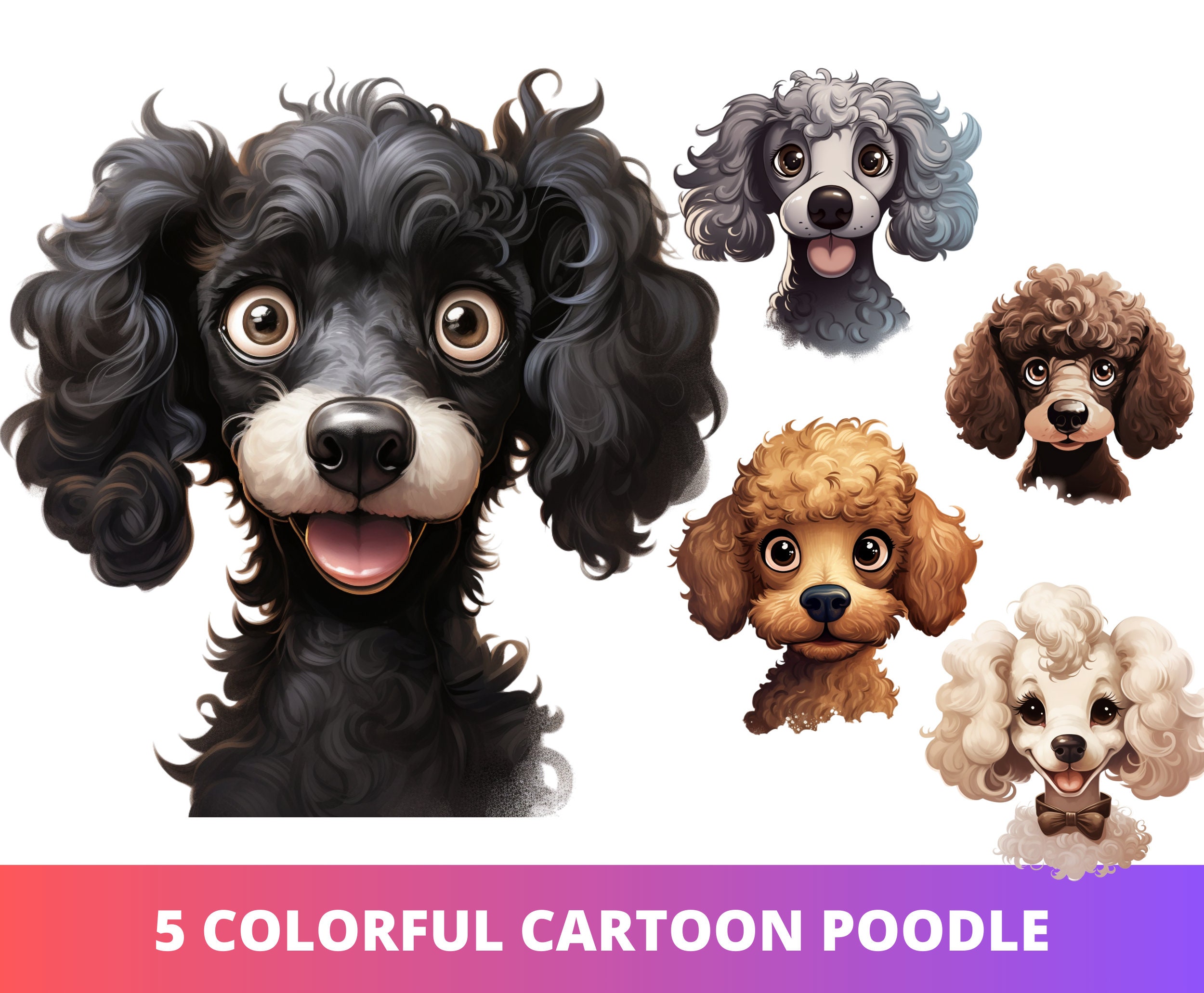 5pc Cartoon Poodle Head PNG Bundle, Cute Puppy POD Allowed Digital Art ...