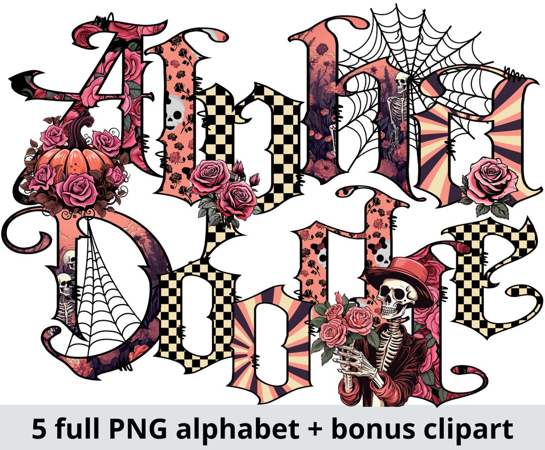 Halloween Doodle Alphabet Letters, 5 Full Spooky Gothic Alpha PNG ...