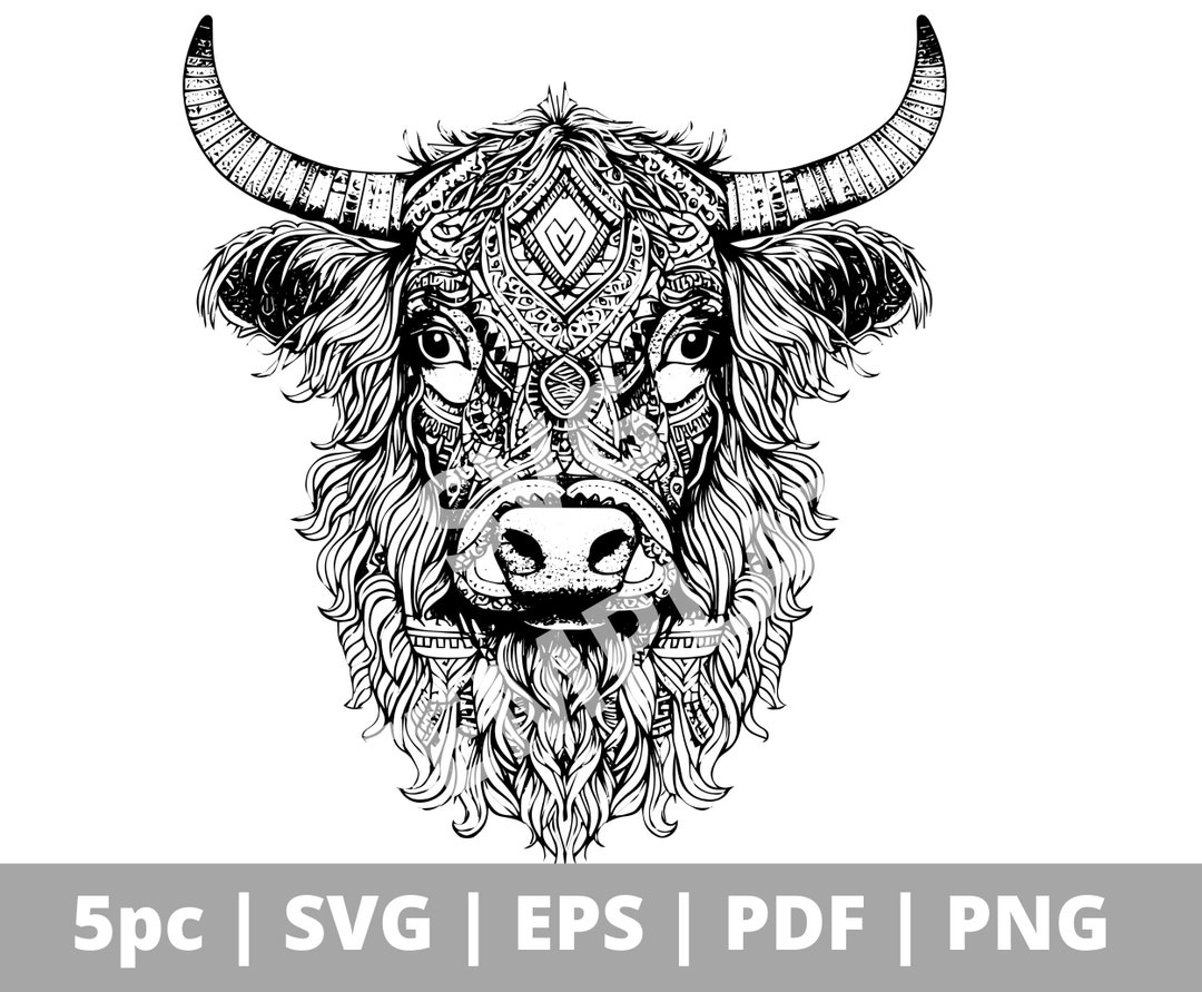 5pc Boho Highland Cow SVG | EPS | PDF | Png Bundle, Hippie Cow Head ...
