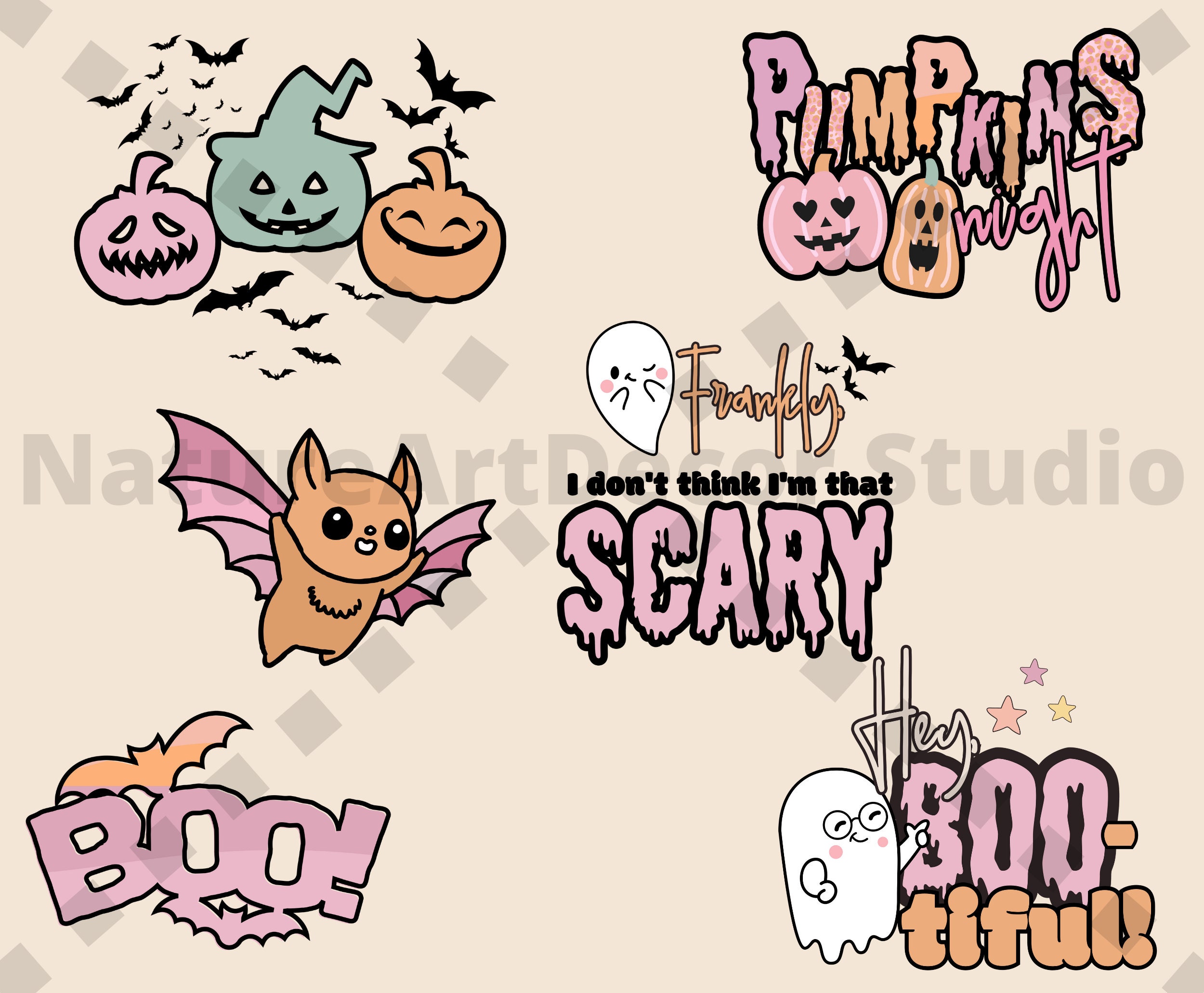 Retro Pink Halloween Image Bundle, 30pc Cute Spooky Ghost PNG Clipart ...