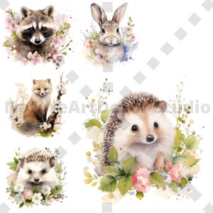 15pc Wonderful Animals With Flowers PNG Bundle, Watercolor Animal ...
