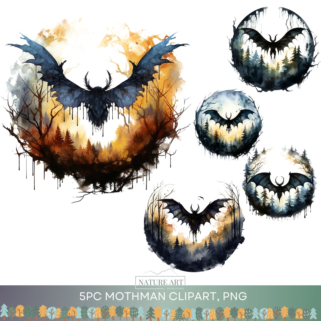 5pc Mothman Watercolor PNG Bundle, Mothman Clipart, POD Allowed Digital ...