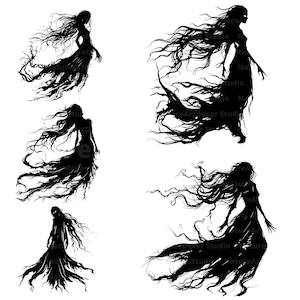 Banshee Silhouette Line Art Svg Bundle, Female Monster Cryptid Clipart ...