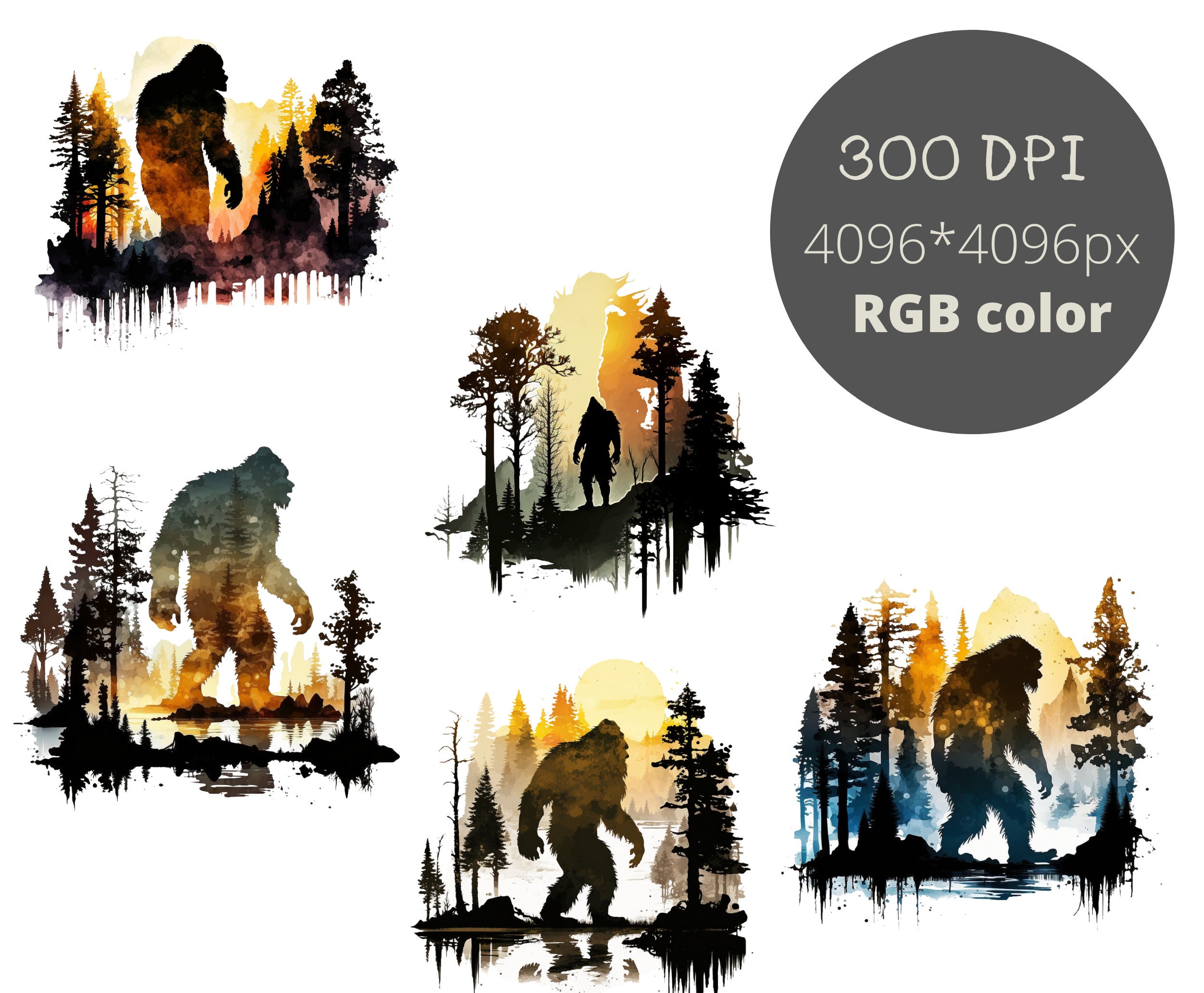 5pc Bigfoot Water Color PNG Bundle Sasquatch Yeti Hiking - Etsy