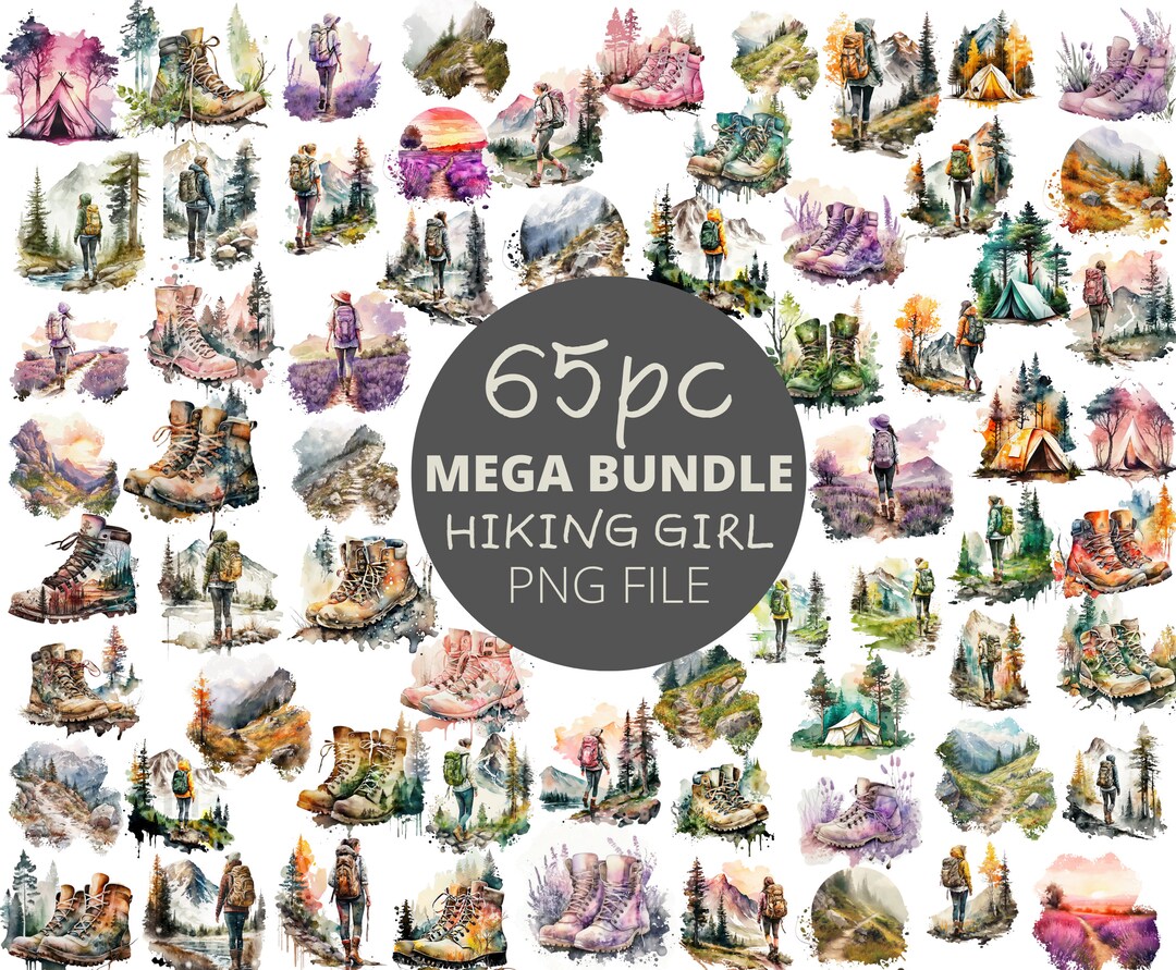 65pc Hiking Girl Mega Bundle Watercolor PNG Bundle, Printable Wanderlust Digital Wall Art ...