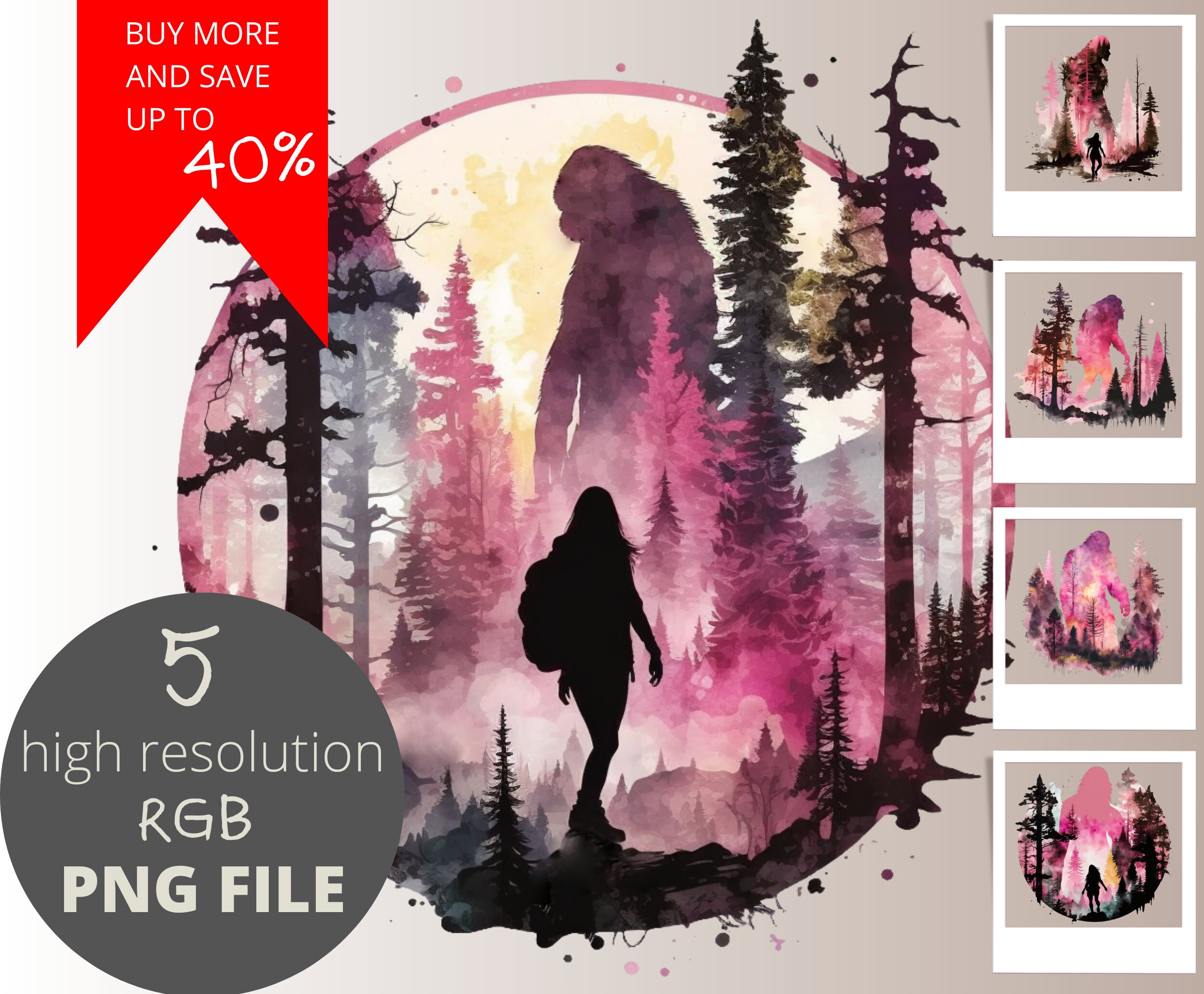 5pc Bigfoot Water Color PNG Bundle Sasquatch Yeti Hiking - Etsy