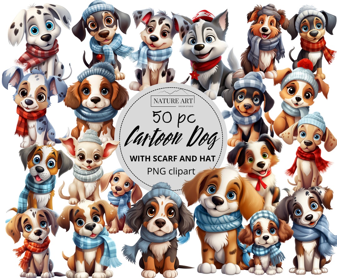 Cute Cartoon Winter Dogs 50 Pc PNG Bundle, Cute Puppy With Scarf and ...