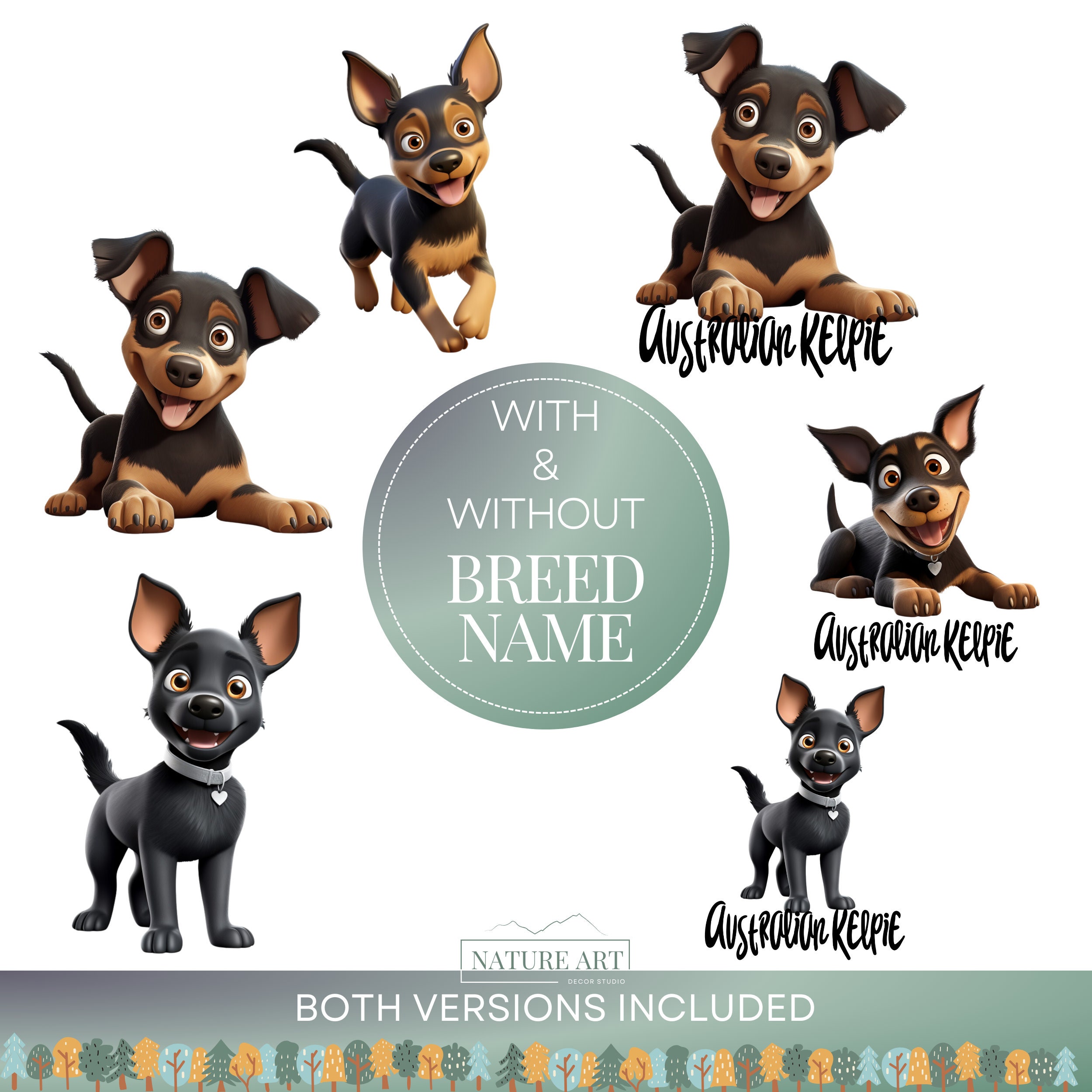 5pc Cartoon Australian Kelpie Dog Clipart PNG Bundle, Cute Dog POD ...