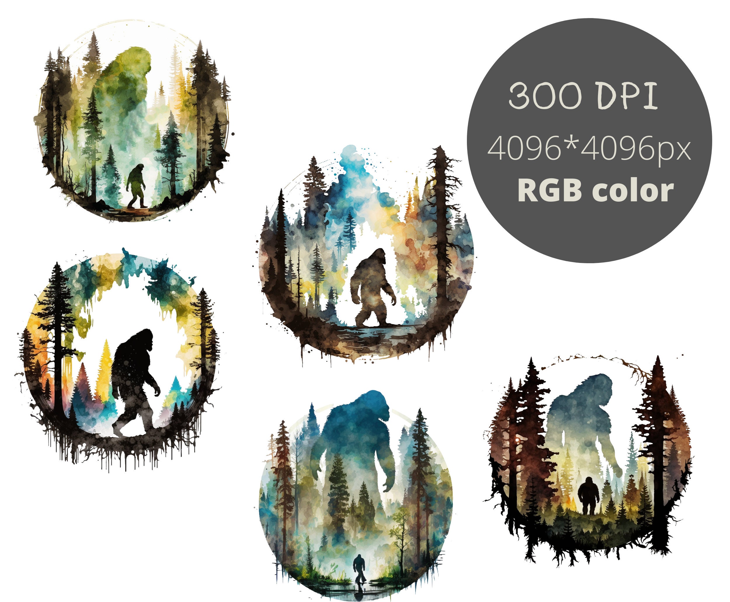 5pc Bigfoot Water Color PNG Bundle Sasquatch Yeti Hiking - Etsy