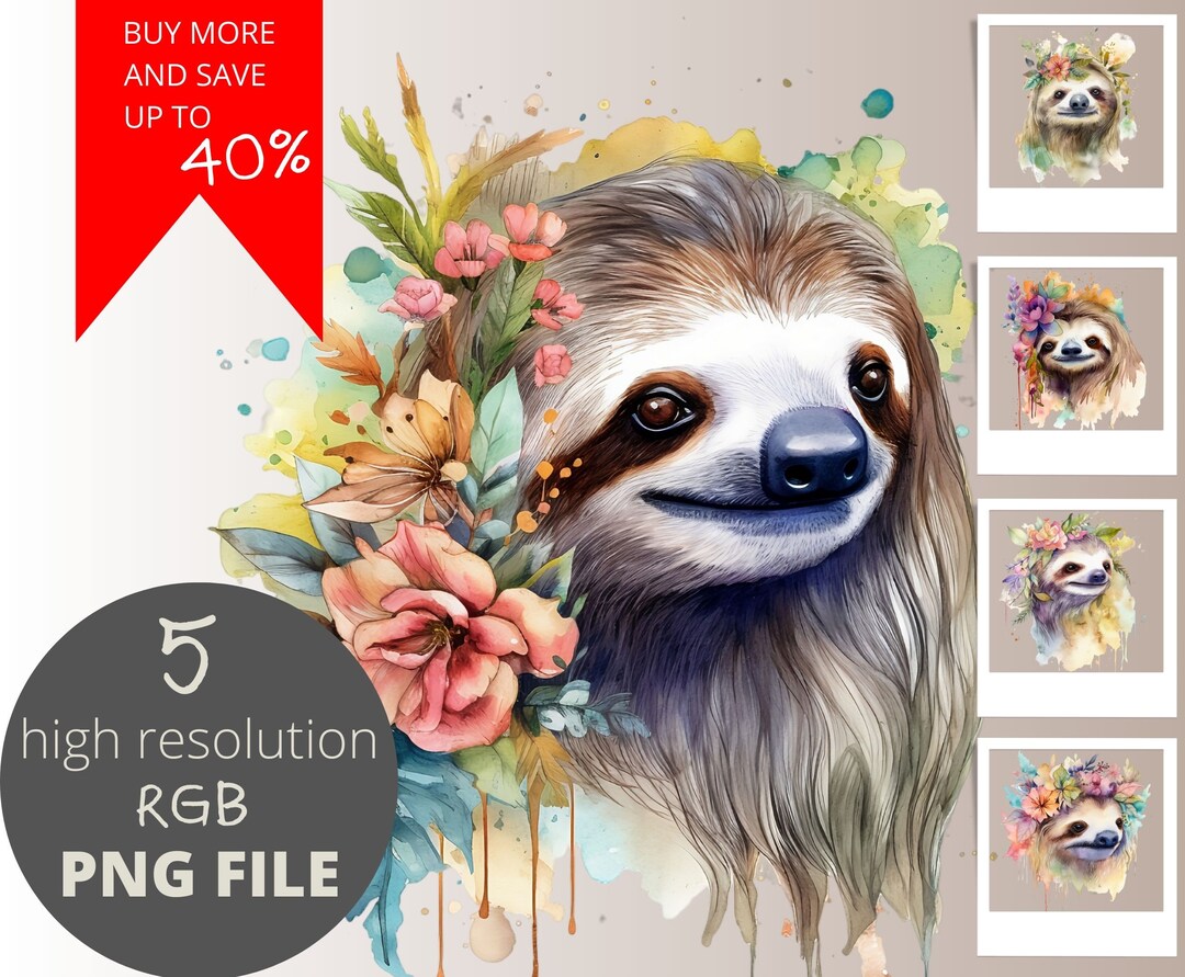 5 Cute Floral Sloth Water Color Animal PNG Bundle, Animal Clipart, POD ...