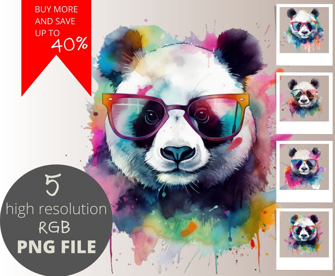 5 Cute Panda With Sunglasses Water Color Animal PNG Bundle, Animal ...