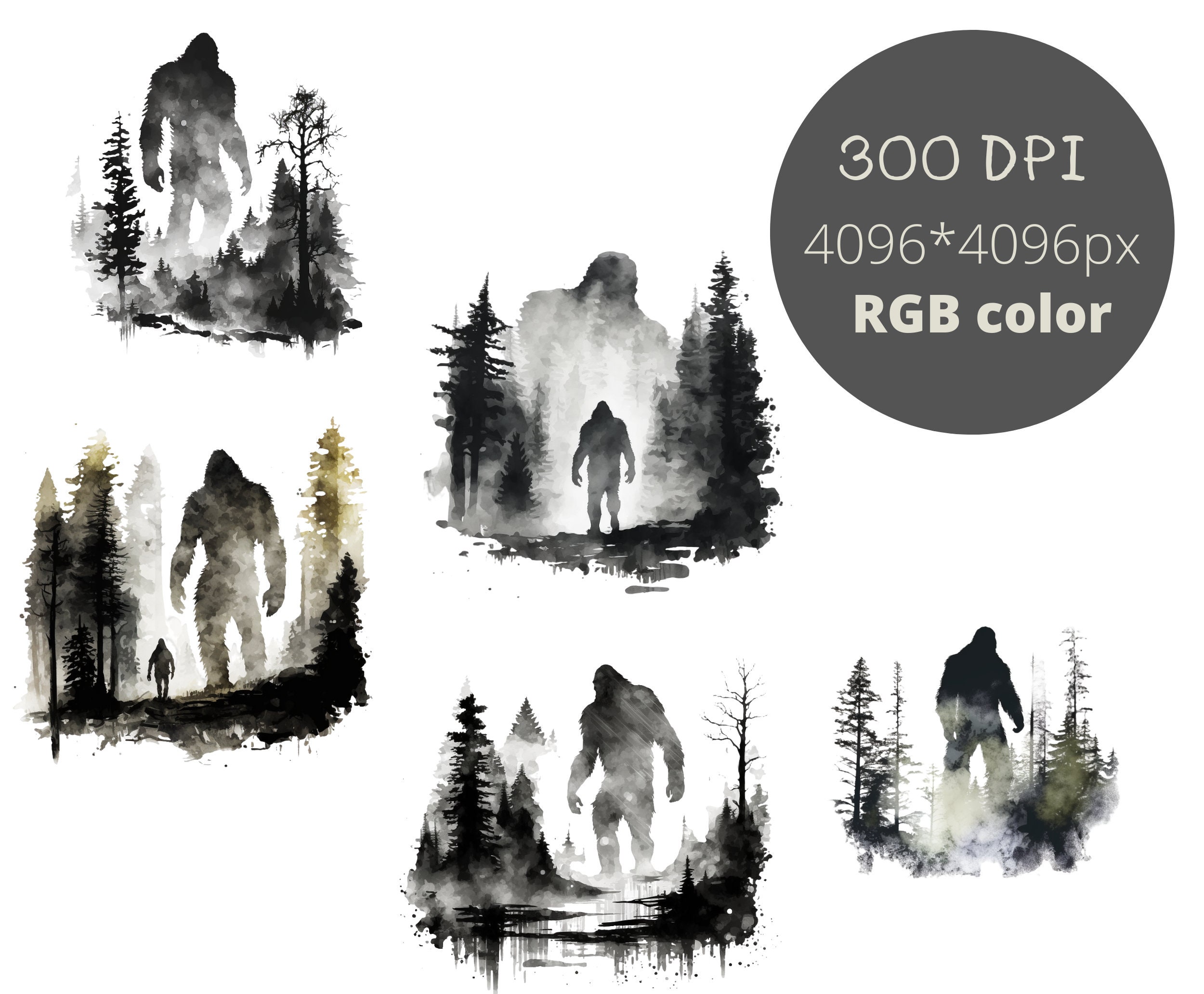 5pc Bigfoot Water Color PNG Bundle Sasquatch Yeti Hiking - Etsy