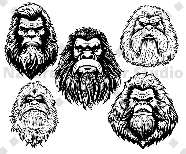 Bigfoot Faces Line Art Svg Bundle, Sasquatch Yeti Head Clipart, POD ...