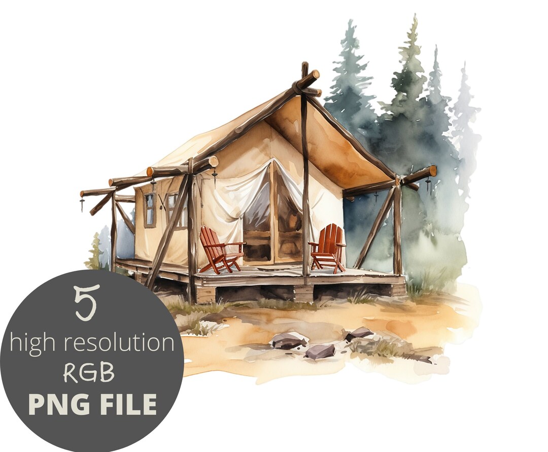5 Outdoor Glamping Tent Water Color PNG Bundle, Forests Equipments ...