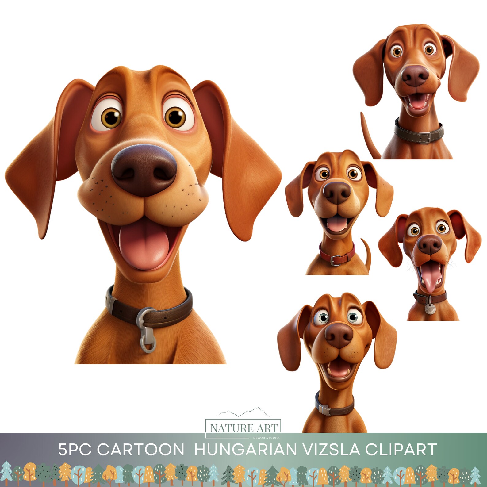 5pc Cartoon Vizsla Dog Face Portrait Clipart PNG Bundle, Cute Dog POD ...
