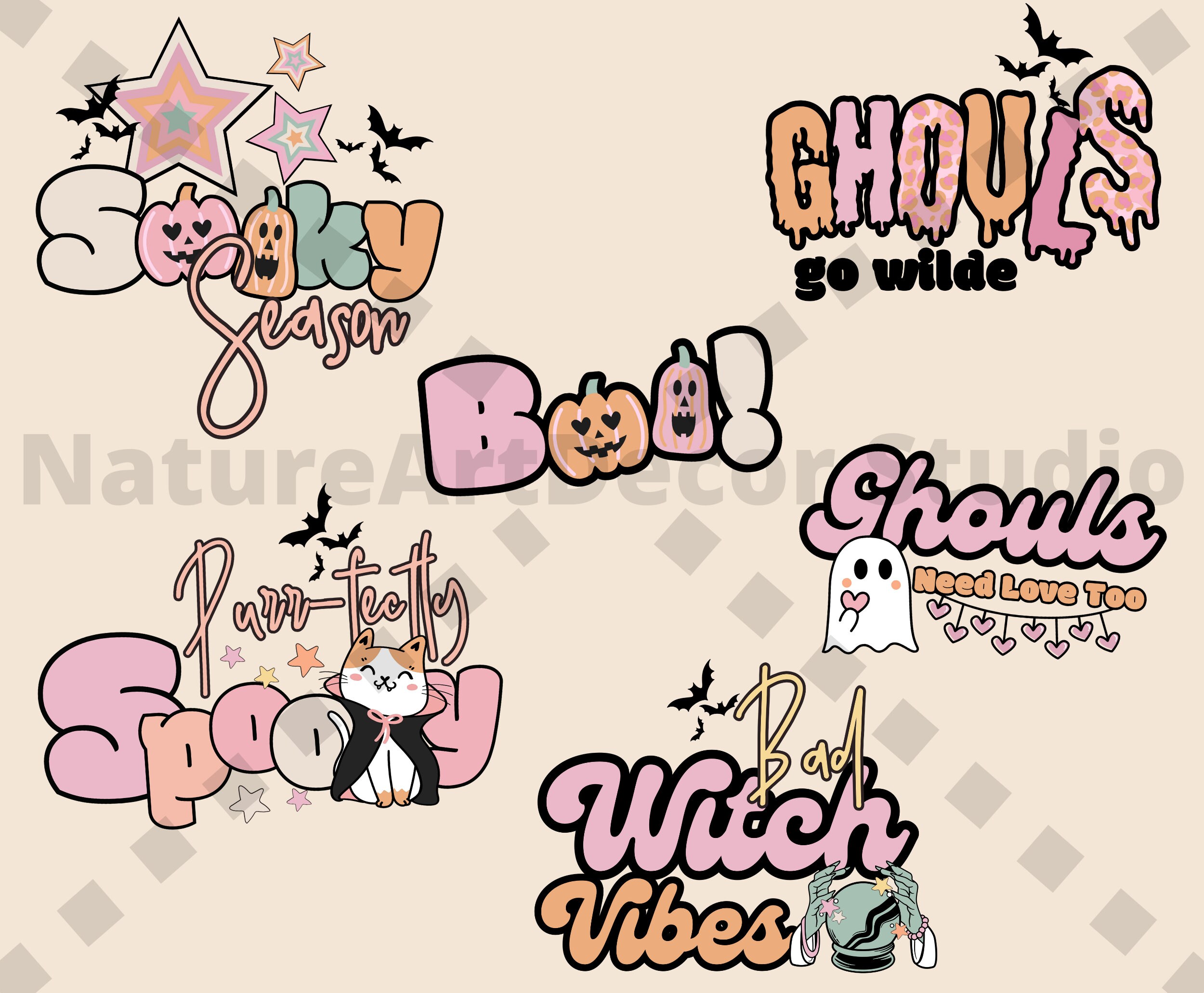 Retro Pink Halloween Image Bundle, 30pc Cute Spooky Ghost PNG Clipart ...