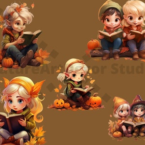 25pc Autumn Reading Cartoon Elves PNG Bundle, Reader Gnomes Clipart ...